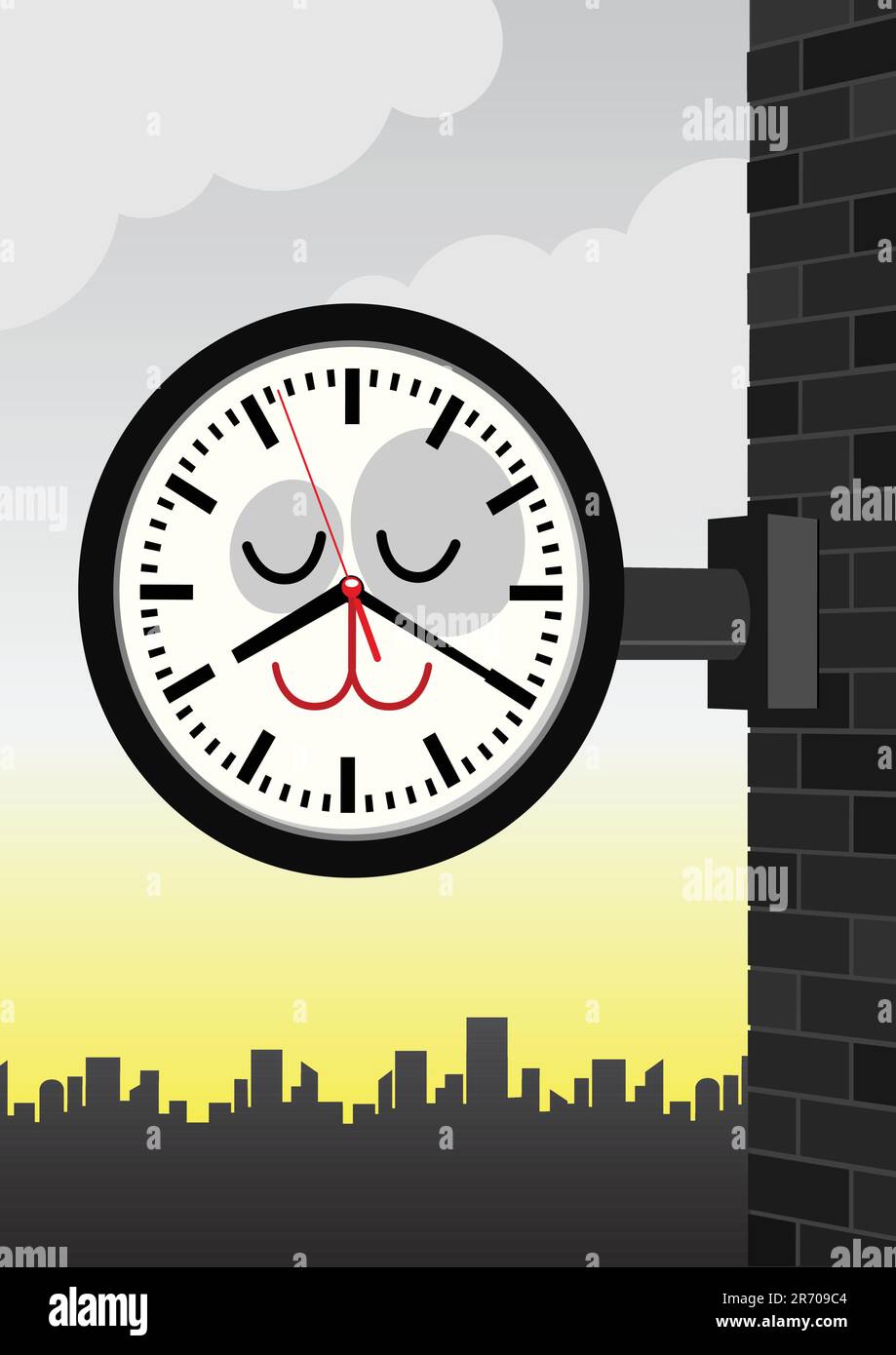 Vector cartoon illustration of a cat character train-station clock. All ...