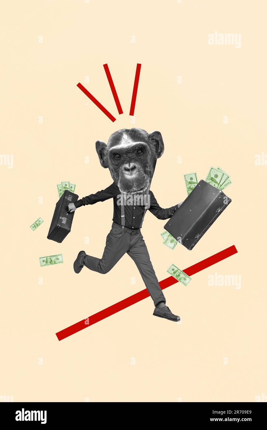 Creative retro 3d magazine collage image of funky funny monkey head guy ...