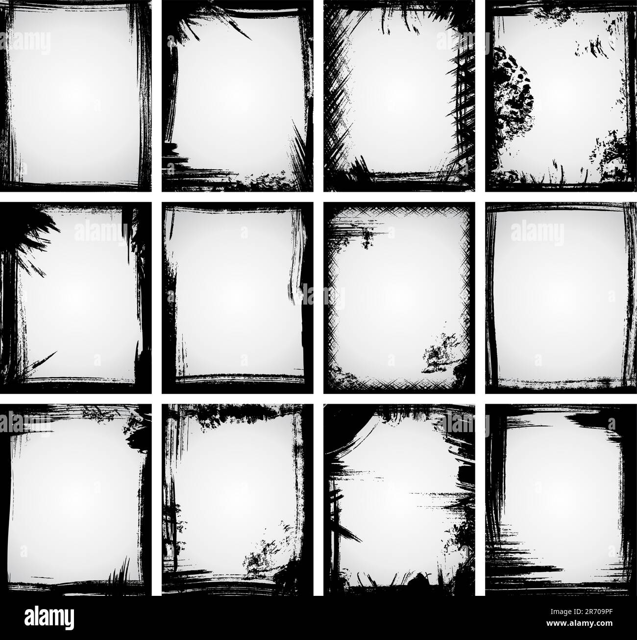 A set of 12 grunge frames made with paint, chalks and charcoal Stock ...