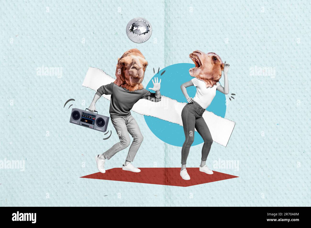 Artwork collage image of two black white colors people camel head ...