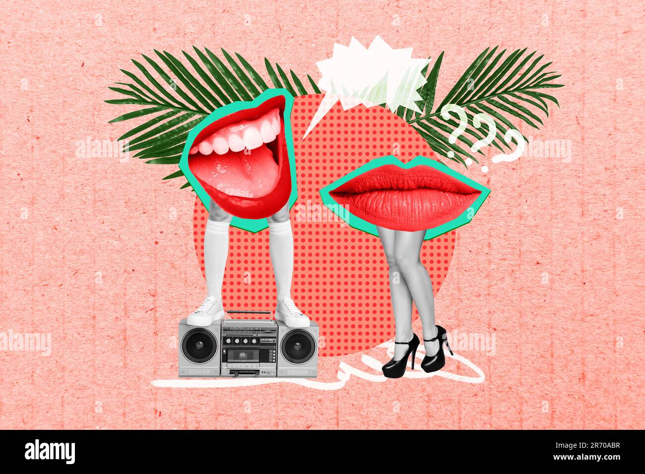 3d retro template collage of cool funky human lips enjoying boom box ...