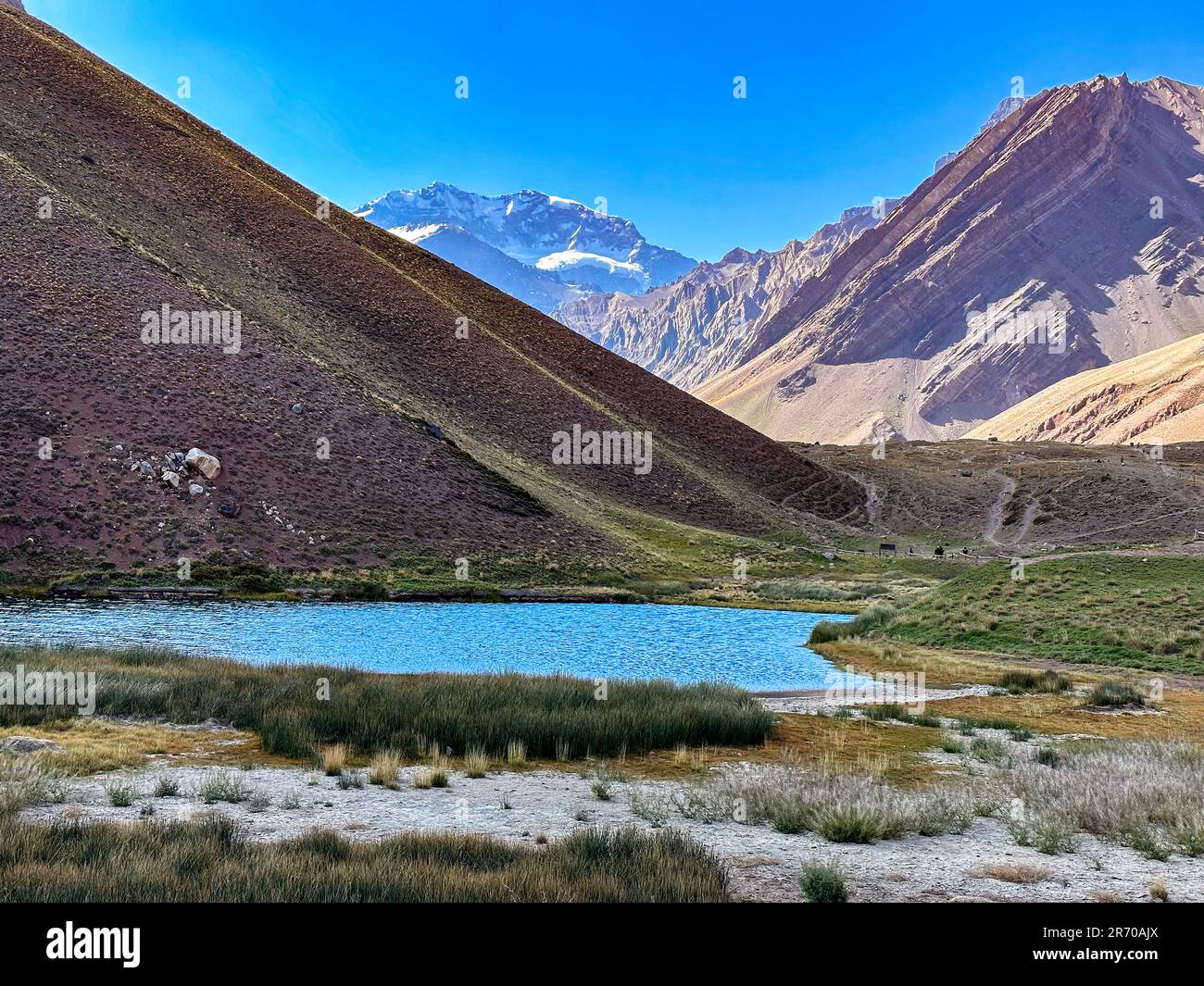 The Horcones Lagoon in Horcones Valley with Cerro Aconcagua behind in ...