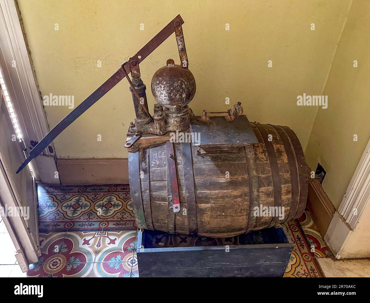 Vintage barrel pump used in wine making in the National Museum of Wine ...