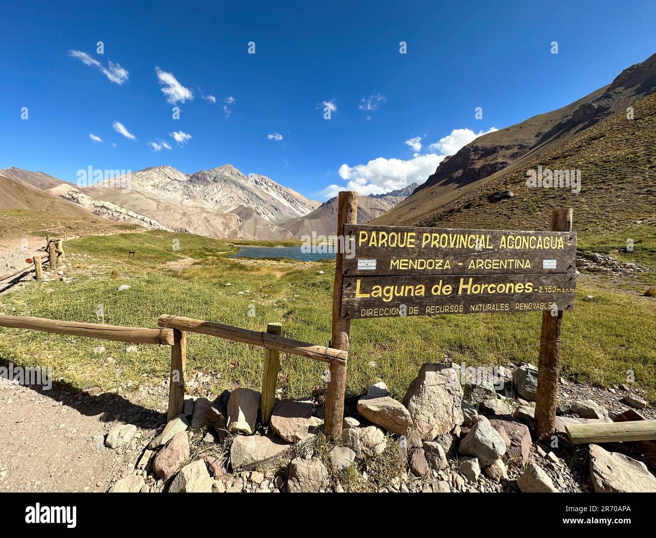 A sign at the Horcones Lagoon in the Horcones Valley in Aconcagua ...