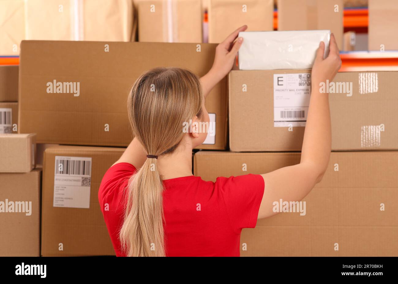 Post office worker taking parcel from rack indoors, back view Stock ...