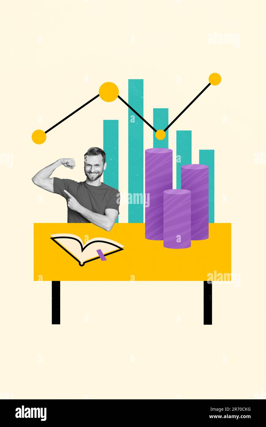 Picture collage image artwork of happy guy showing muscular arm triceps ...