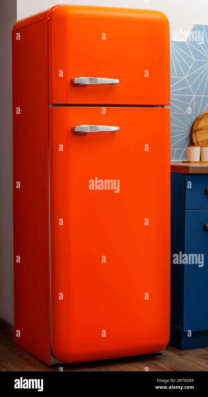 Modern closed refrigerator near colorful wall in kitchen. Domestic ...