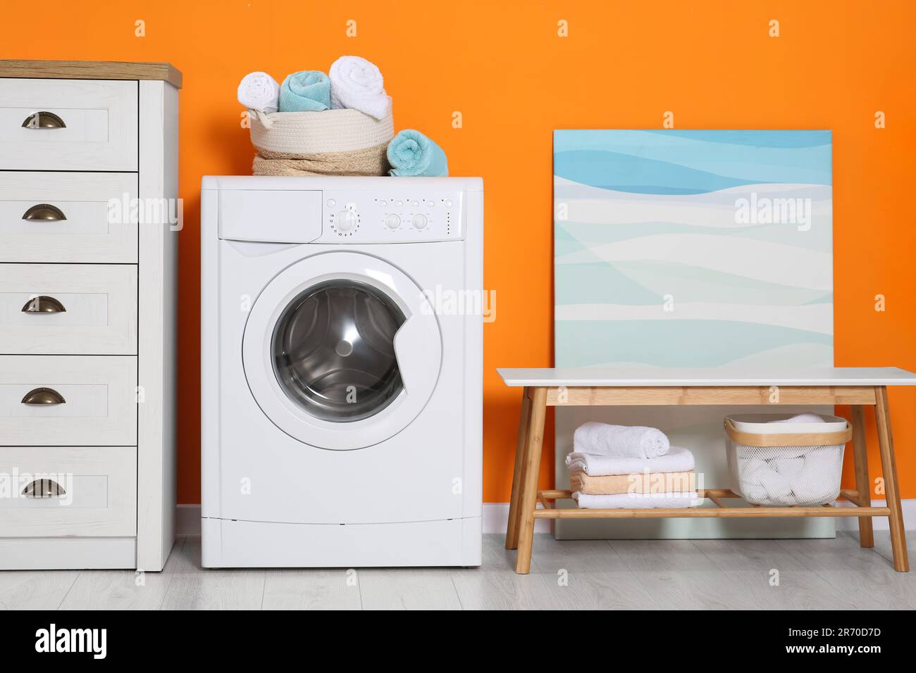 Stylish laundry room with washing machine. Interior design Stock Photo ...