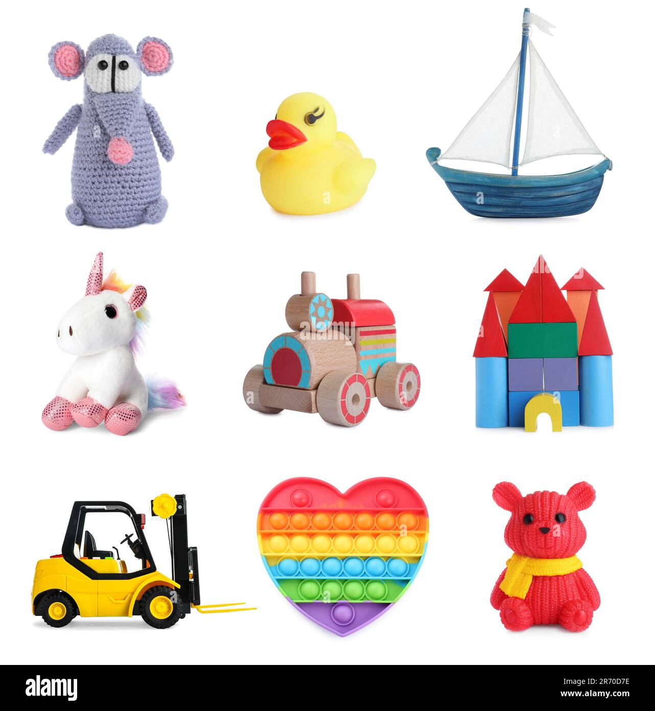 Collage with many different toys on white background Stock Photo - Alamy