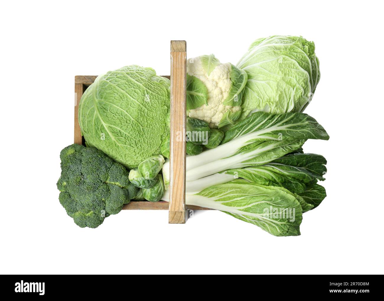 Wooden crate with different types of fresh cabbage on white background ...