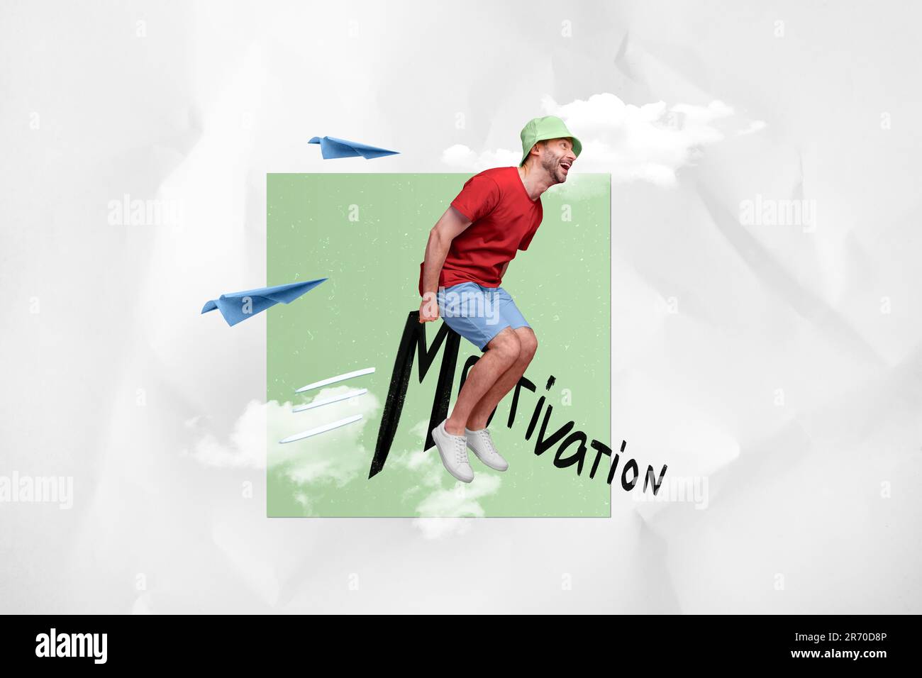 Composite collage picture of cheerful successful guy flying clouds sky ...