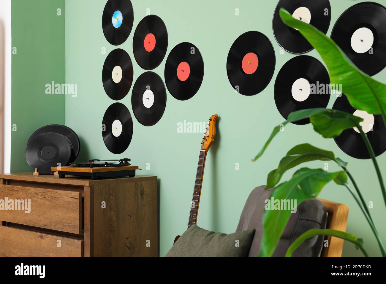 Living room interior decorated with vinyl records Stock Photo - Alamy