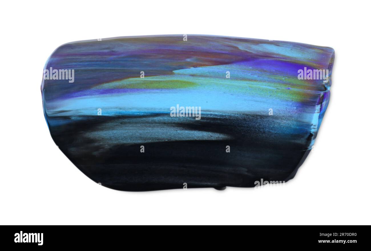 Light blue, purple, black and gold chameleon paint samples on white ...