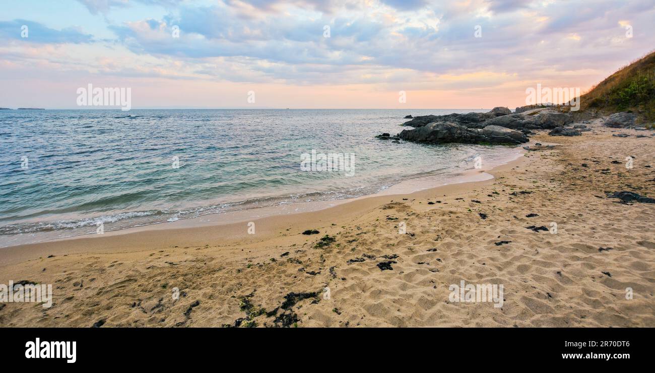 shore with sand and boulders at dawn. wave washing the coast. summer ...