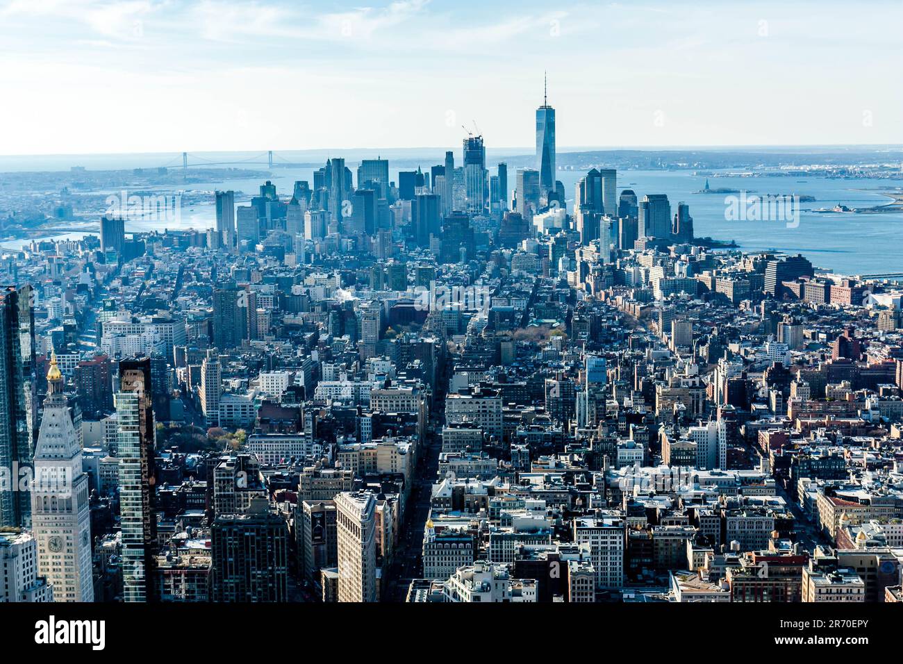 An aerial view of the iconic Manhattan skyline featuring the Empire ...