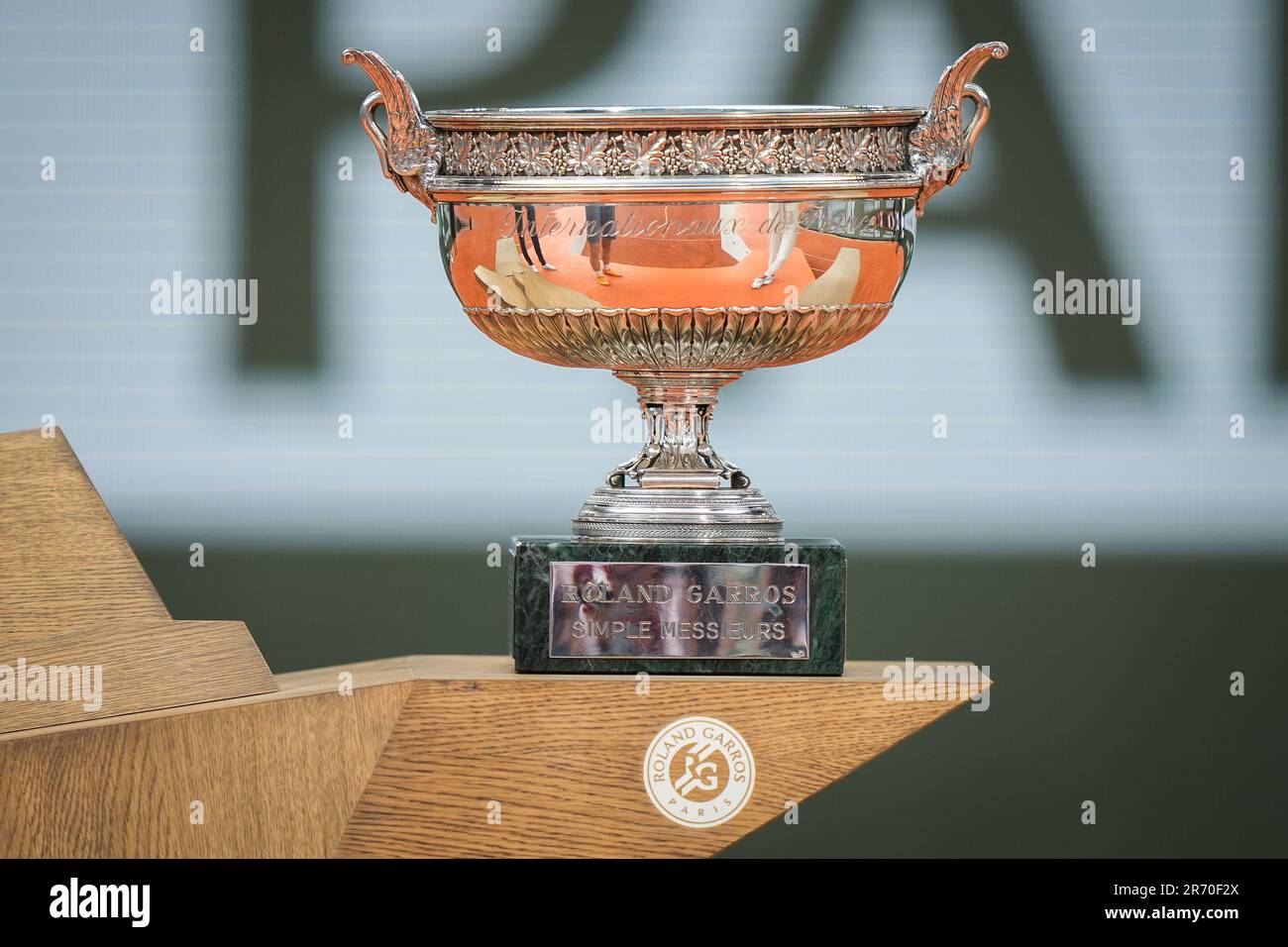 Paris, France 20230611.The trophy in the Roland-Garros tournament ...