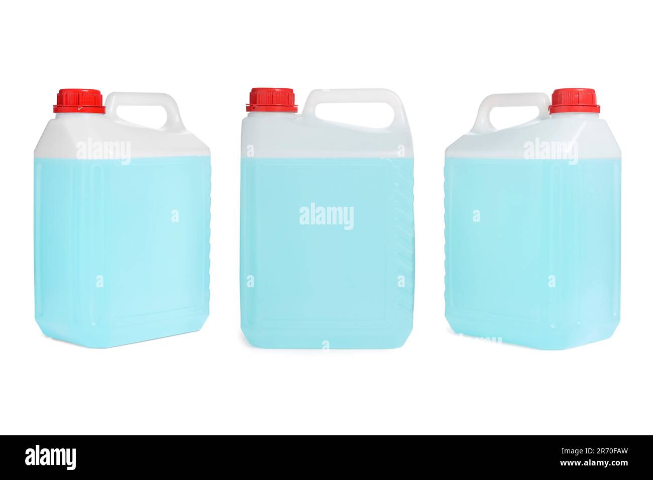 Plastic canister with light blue liquid on white background, different ...