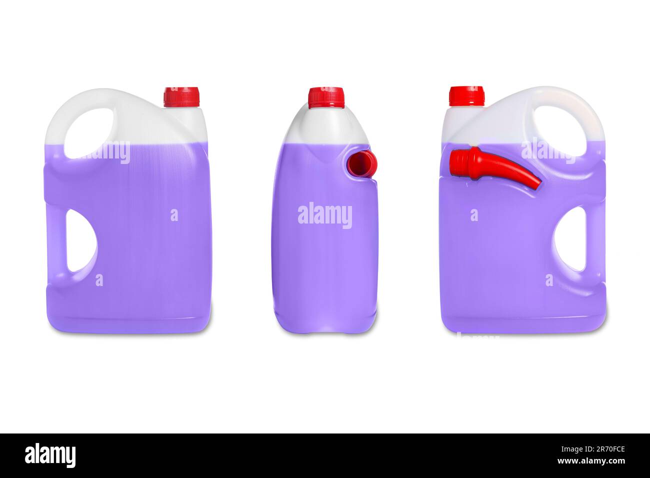 Plastic canister with violet liquid on white background, different ...