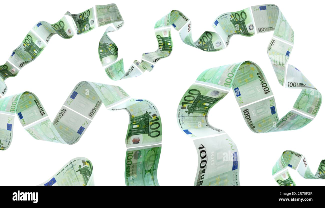 Ribbon of euro banknotes flying on white background Stock Photo - Alamy