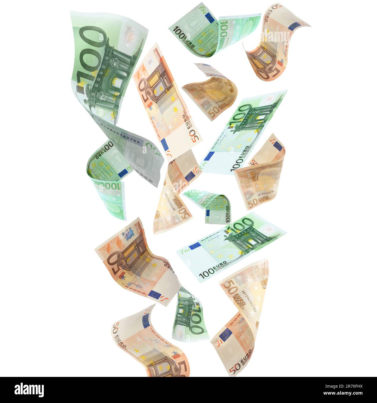 Many euro banknotes flying on white background Stock Photo - Alamy