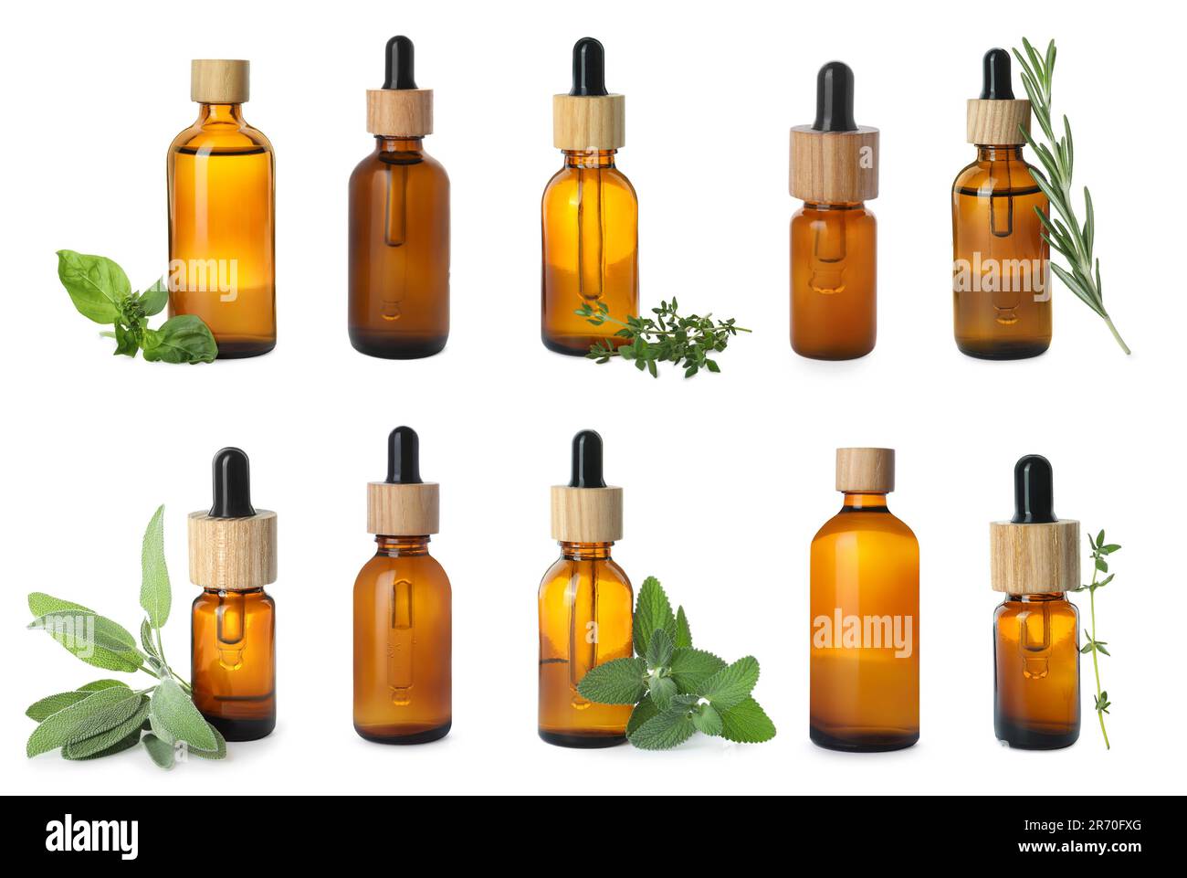 Many different essential oils and ingredients on white background ...