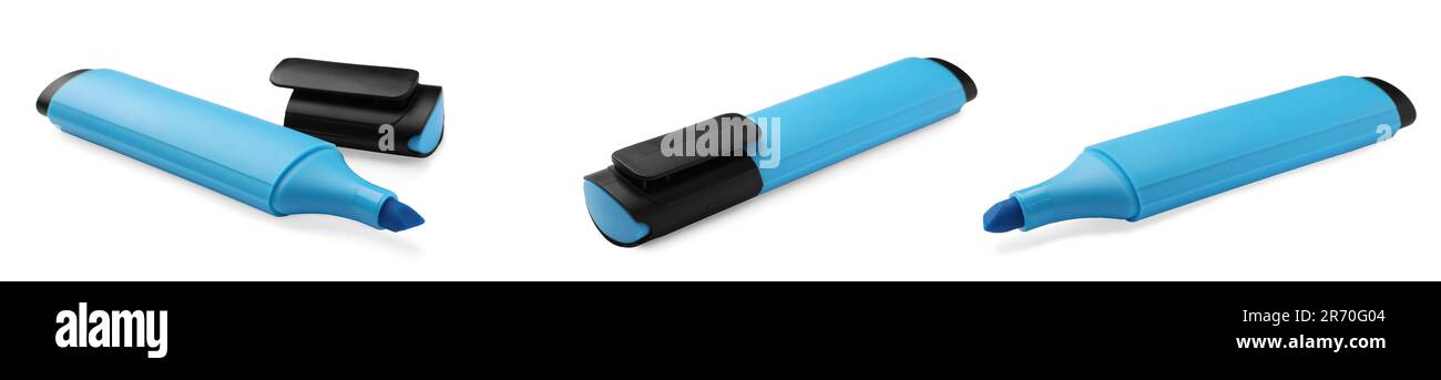 Collage with light blue marker on white background Stock Photo - Alamy
