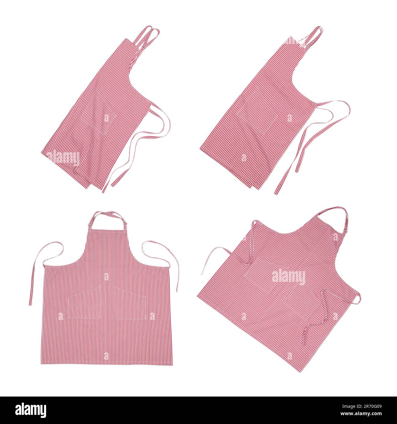 Collage with red striped apron on white background, top view Stock ...