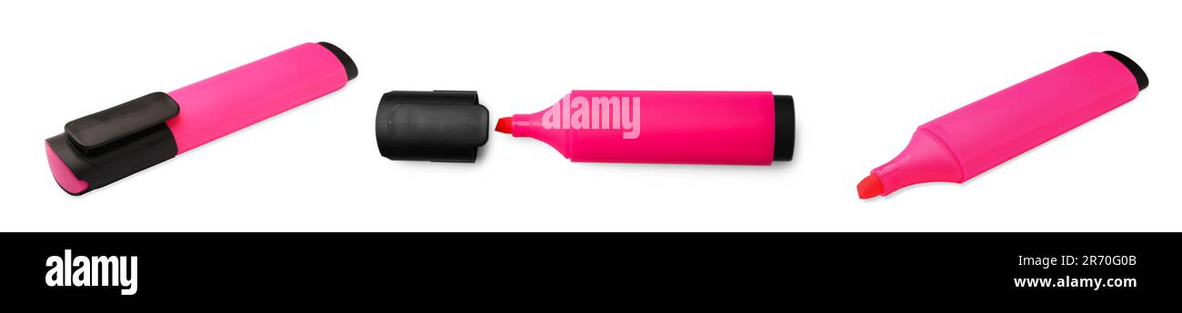 Collage with bright pink marker on white background Stock Photo - Alamy