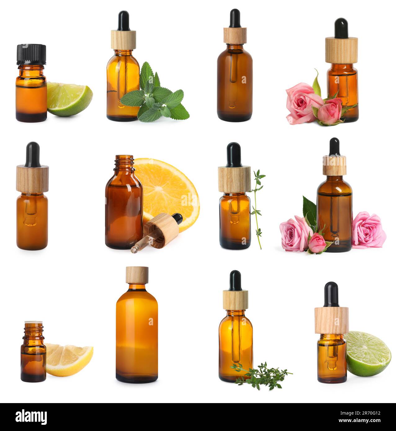 Many different essential oils and ingredients on white background ...
