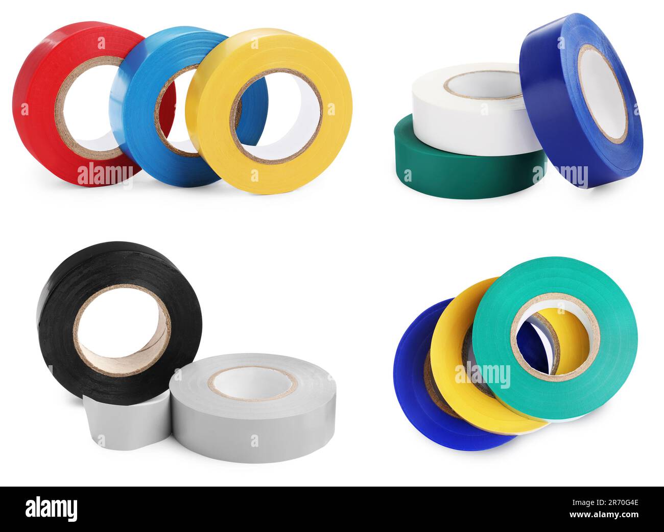 Collage with insulating tapes in different colors on white background ...