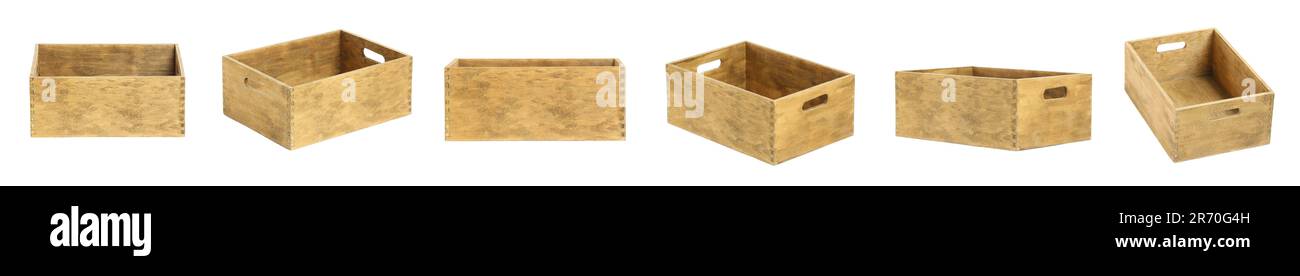 Collage of empty wooden box for tools or something else on white ...