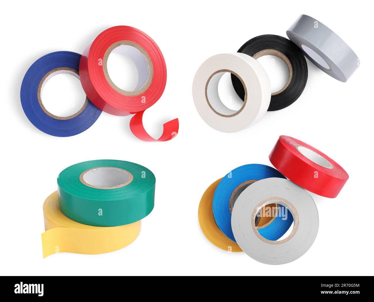 Collage with insulating tapes in different colors on white background ...