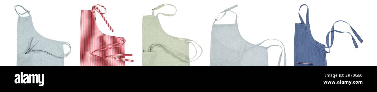 Collage with different aprons on white background, top view Stock Photo ...