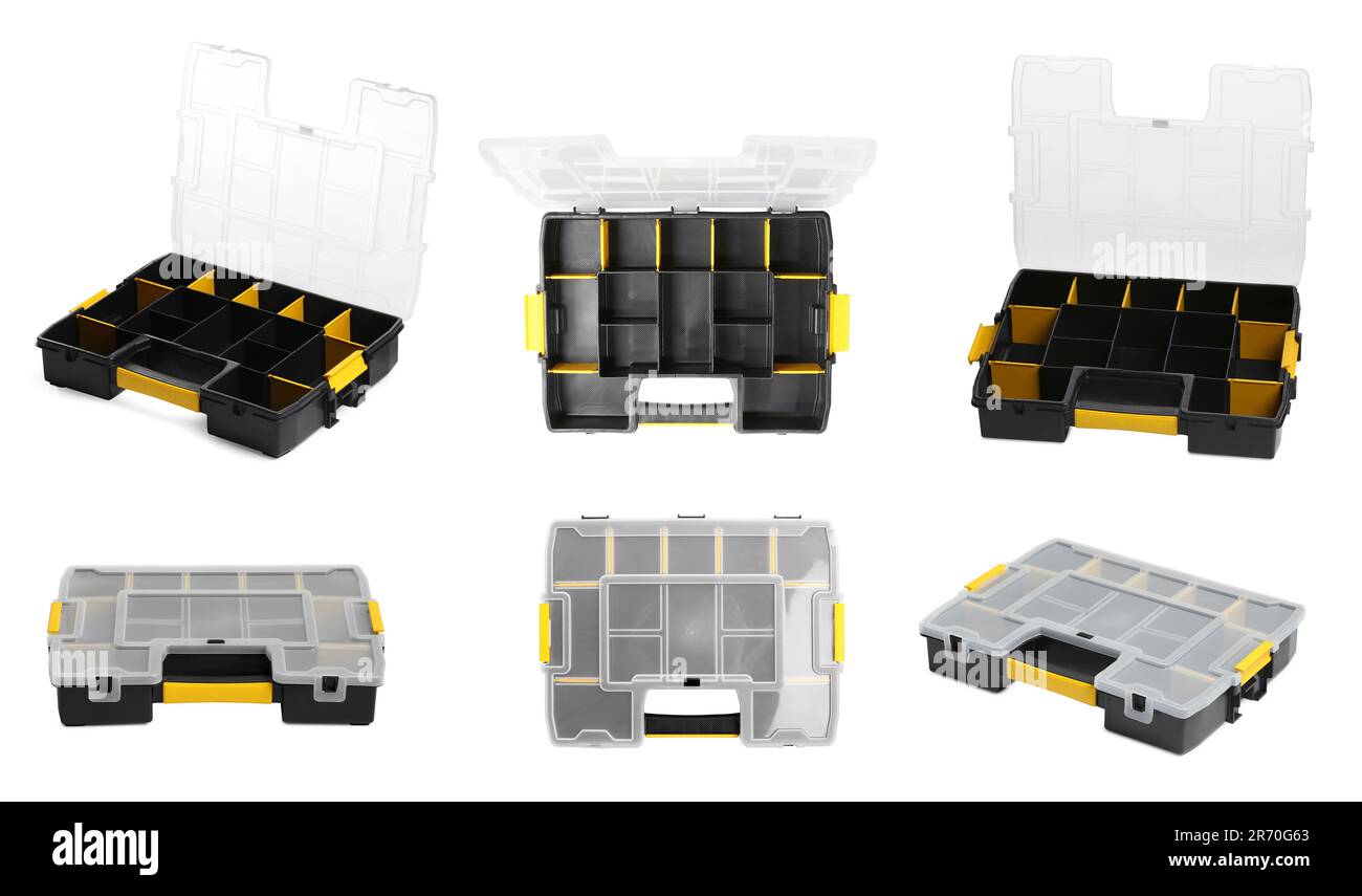 Collage of plastic box for tools on white background, different sides ...
