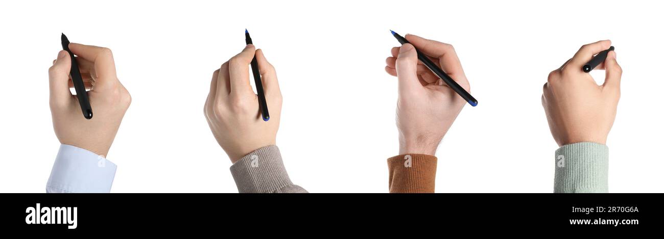 Men holding pens on white background, closeup. Collage design Stock ...