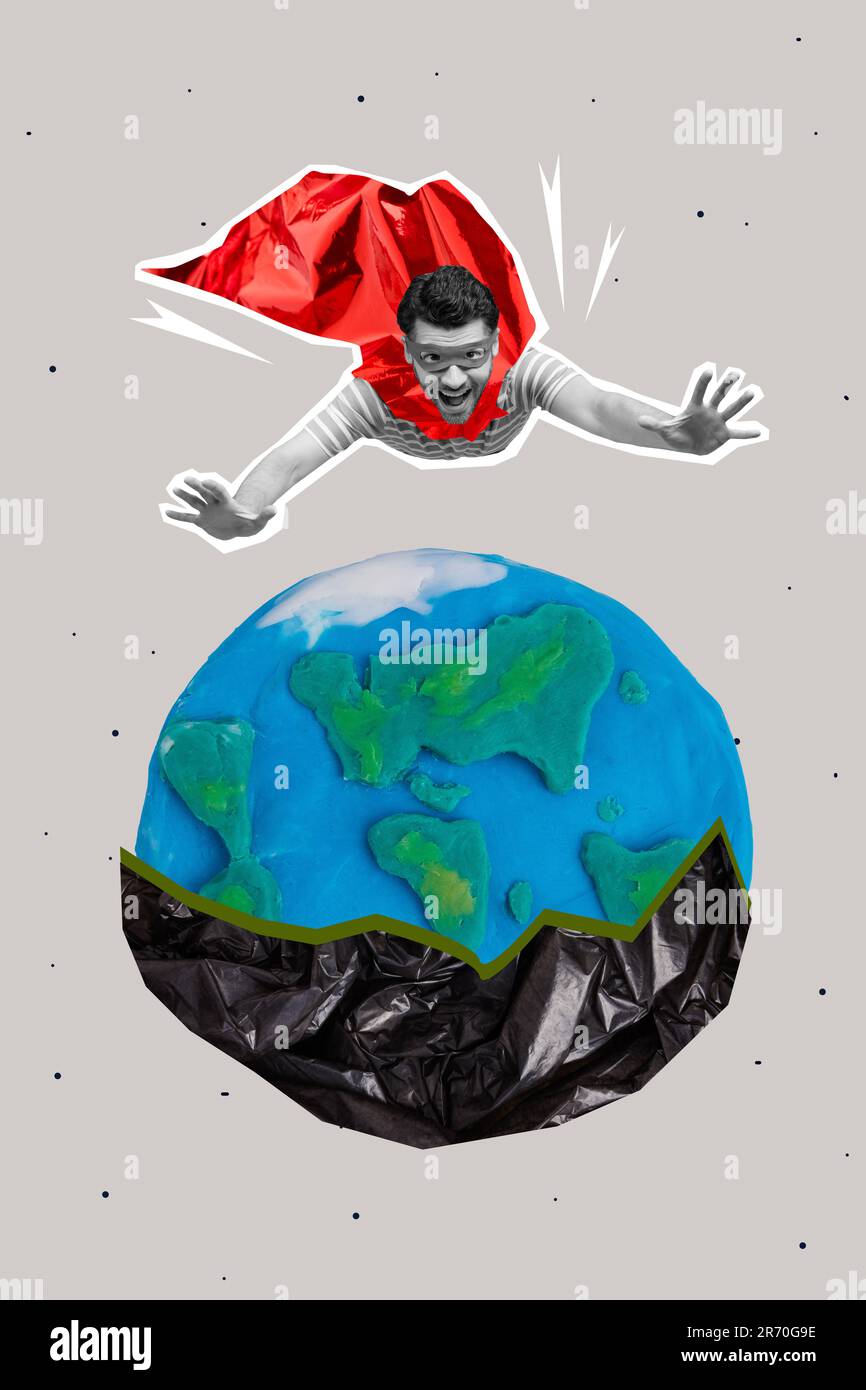 Vertical banner collage of superhero fast flying hurry up save planet ...