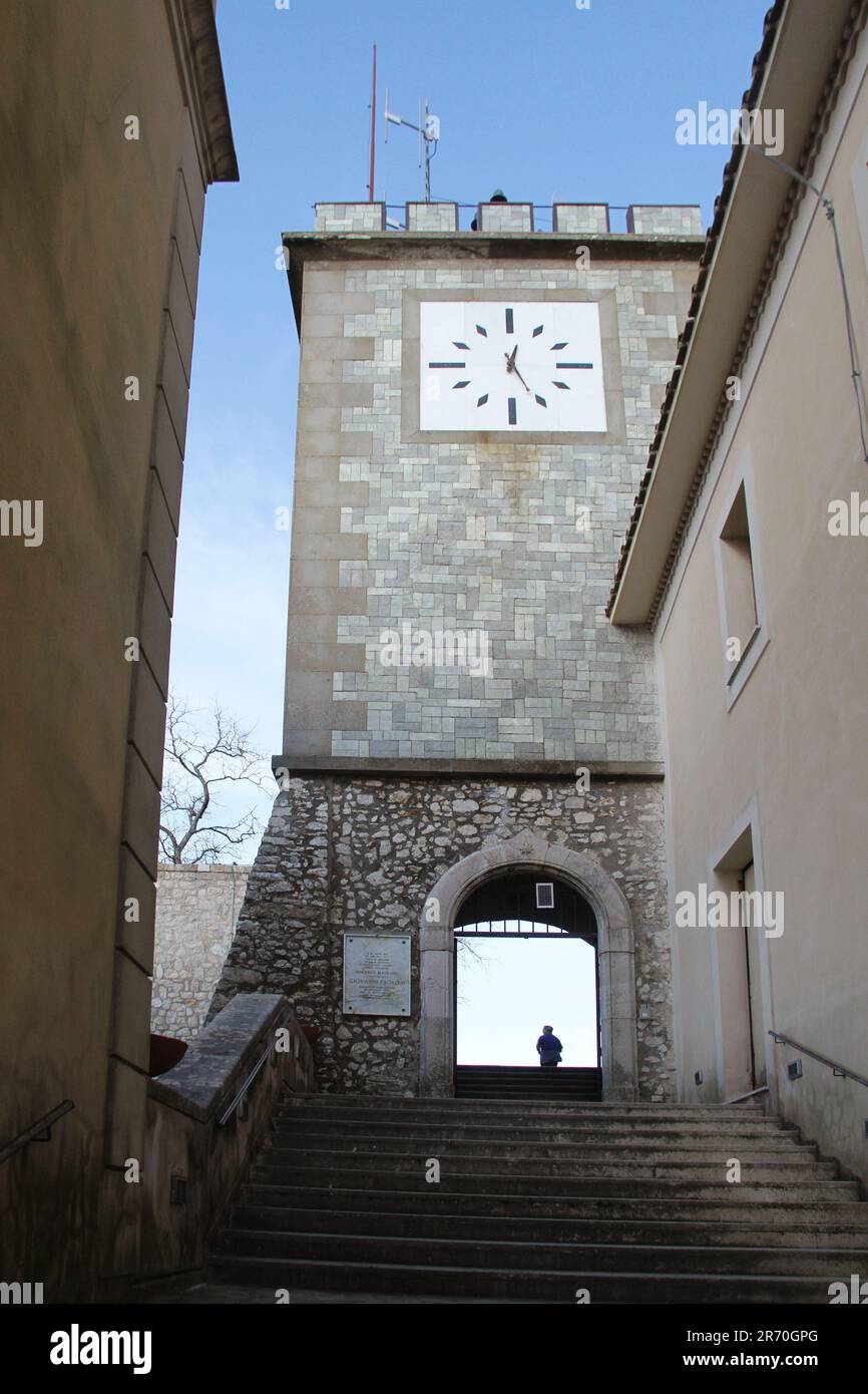Itri, Italy. Clock tower at the Sanctuary of the Madonna della Civita ...