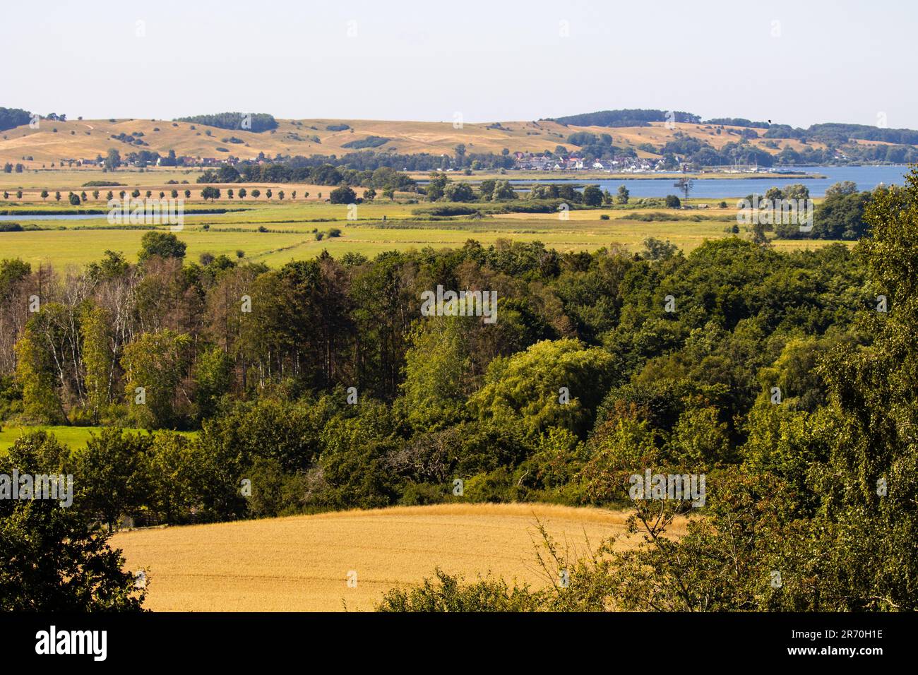 A picturesque rural farmstead situated in a grassy meadow surrounded by ...