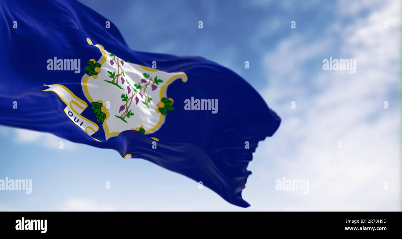 Close-up view of the Connecticut state flag fluttering. White shield on ...