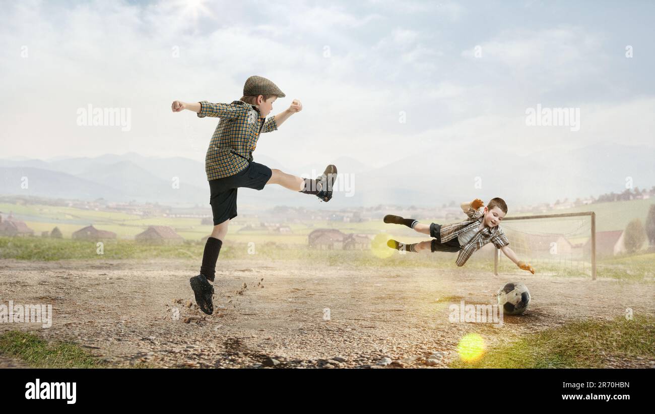 Two little playful, active boys, children in retro style clothes ...