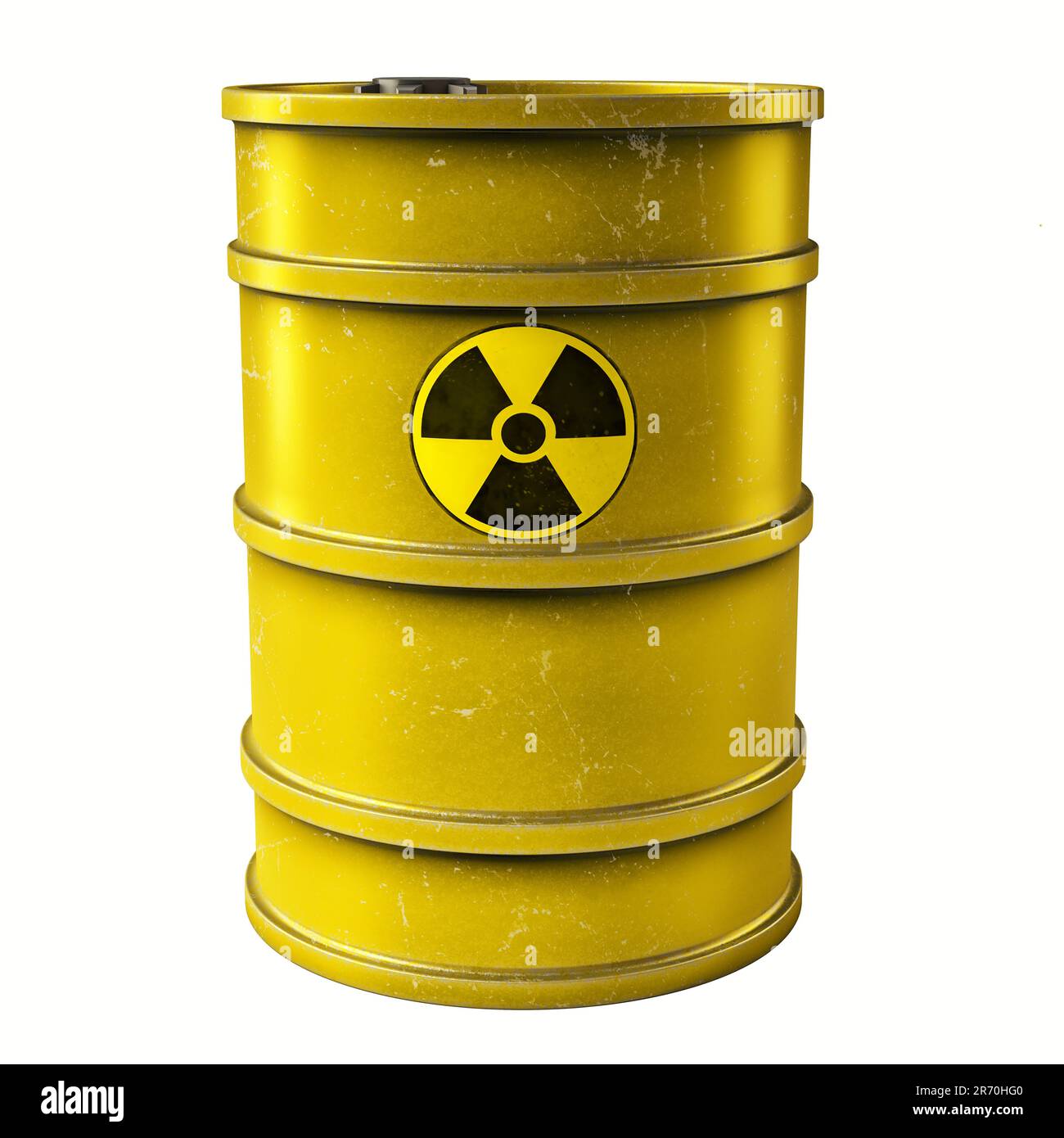Isolated yellow Barrel with a radioactive warning sign. 3D Rendering ...
