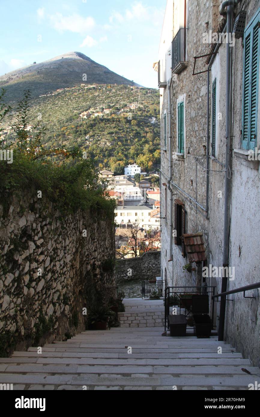 Itri, Italy. Steep alleyway with stone steps in the Old Town. View of ...