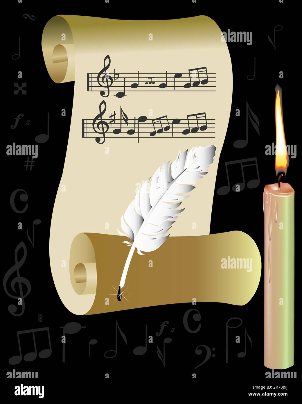 Roll with notes with a feather and a candle on a black background Stock ...