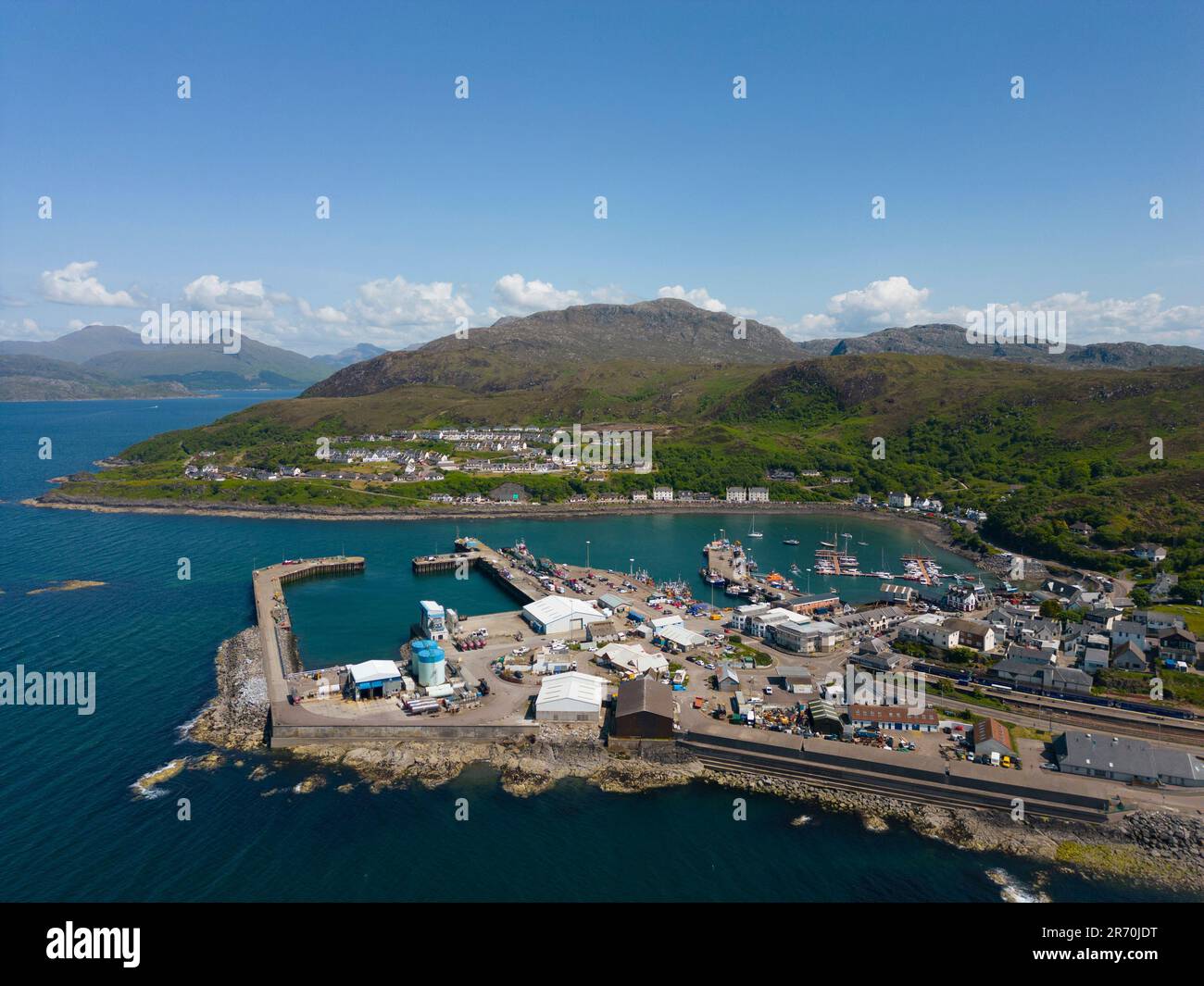 Aerial view from drone of Mallaig village and harbour in Lochaber ...