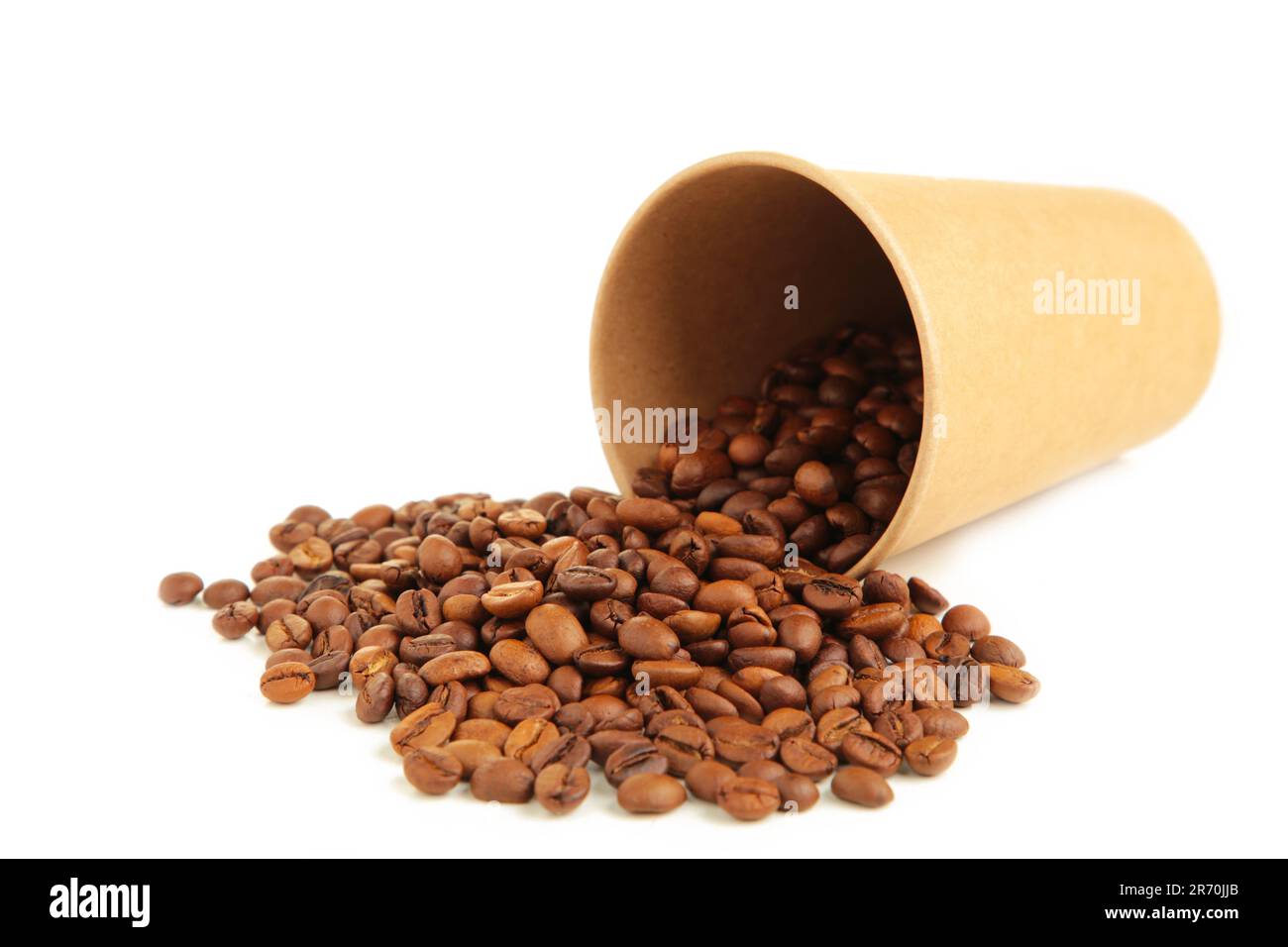 Coffee beans and paper coffee cup isolated on white background. Top ...