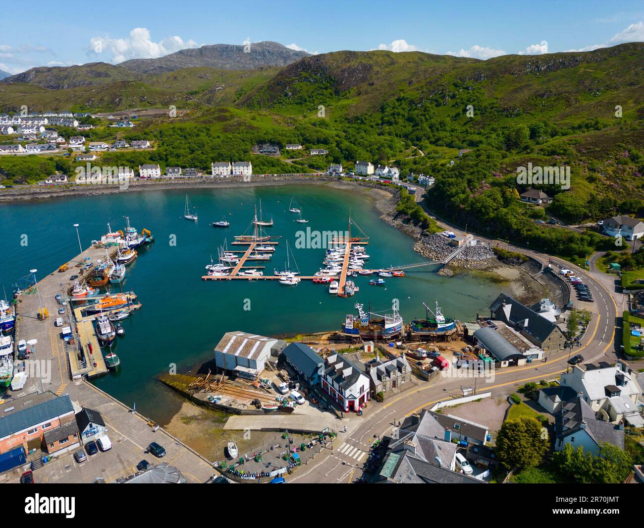 Aerial view from drone of Mallaig village and harbour in Lochaber ...