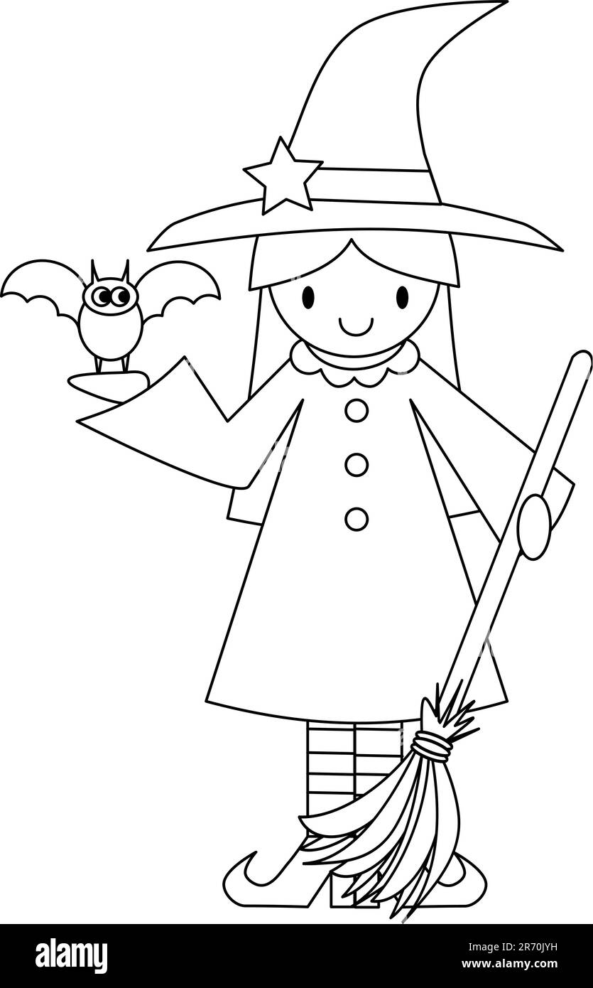 Black and White Illustration of a Witch holding a Bat and a Broom Stock ...