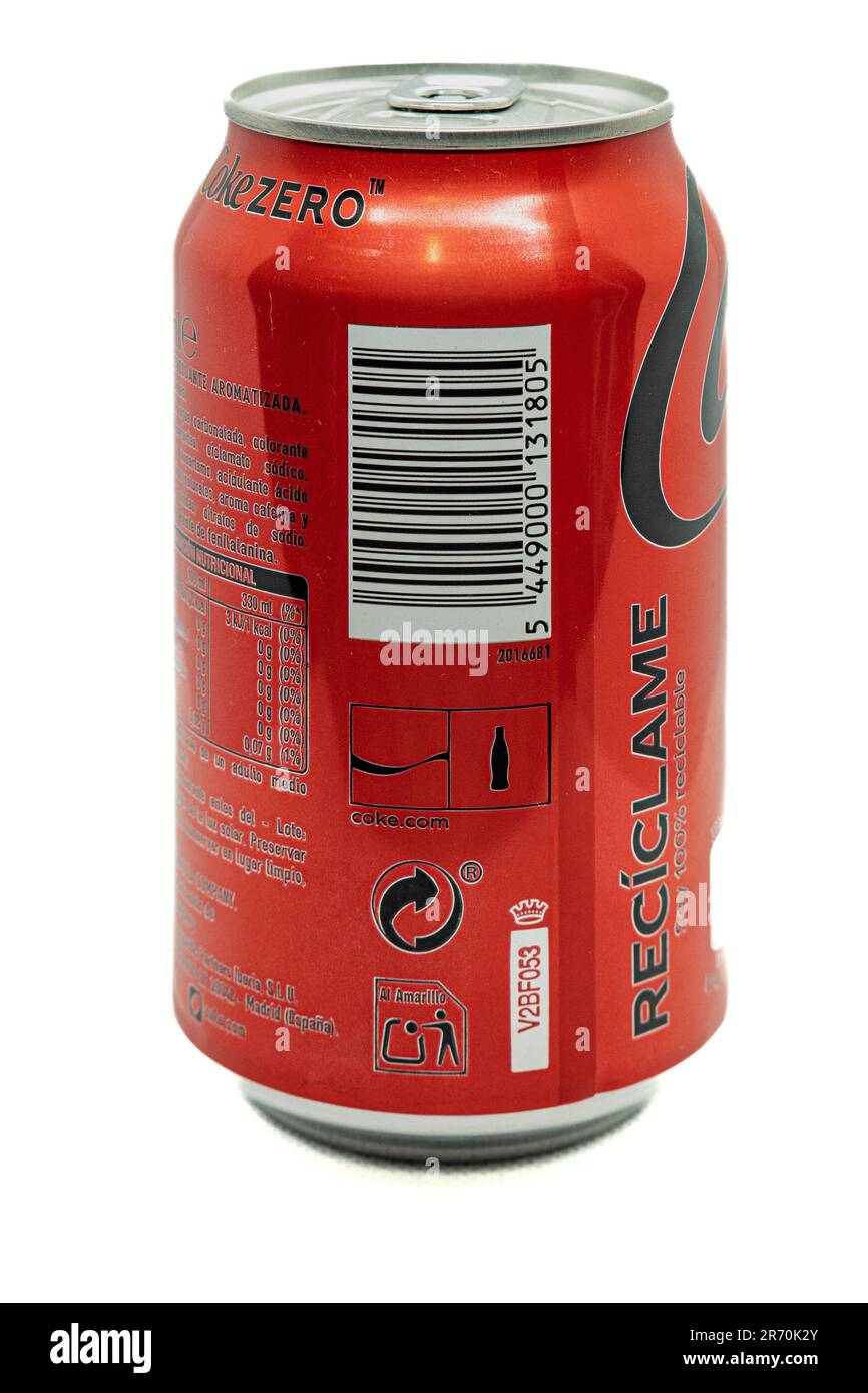 Vertical image of the side of a can of coca-cola zero version of Spain ...