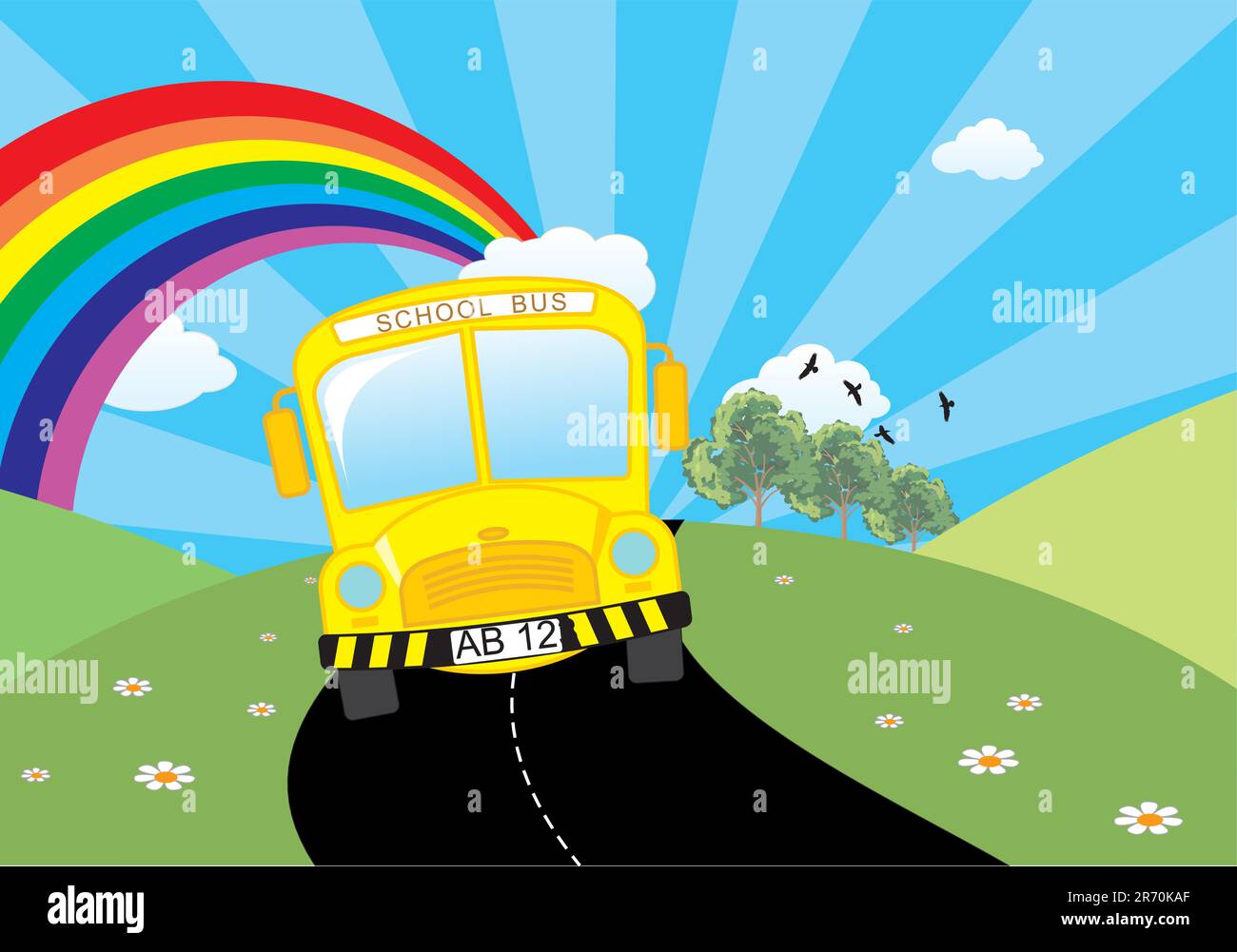 illustration of school bus cartoon with rainbow in the sky Stock Vector ...