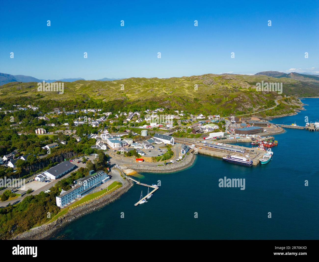 Aerial view from drone of Kyle of Lochalsh village and harbour in Ross ...